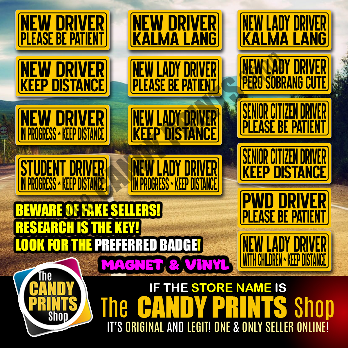 7 x 3 inches - Magnetic and Vinyl Car Sticker (NEW & LADY DRIVER ...