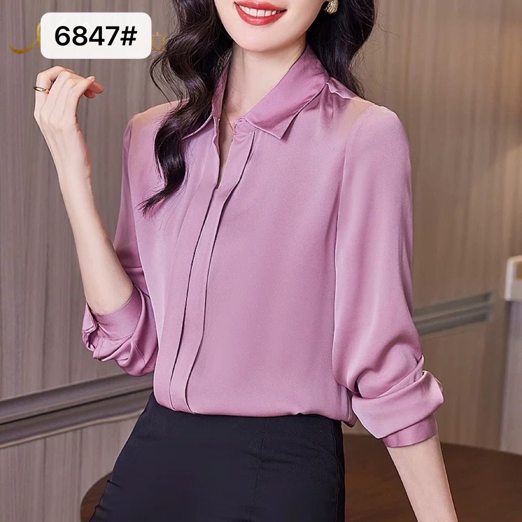 AS ELEGANT Women's Office Wear Silk Satin Plain Collar Long Sleeve V ...