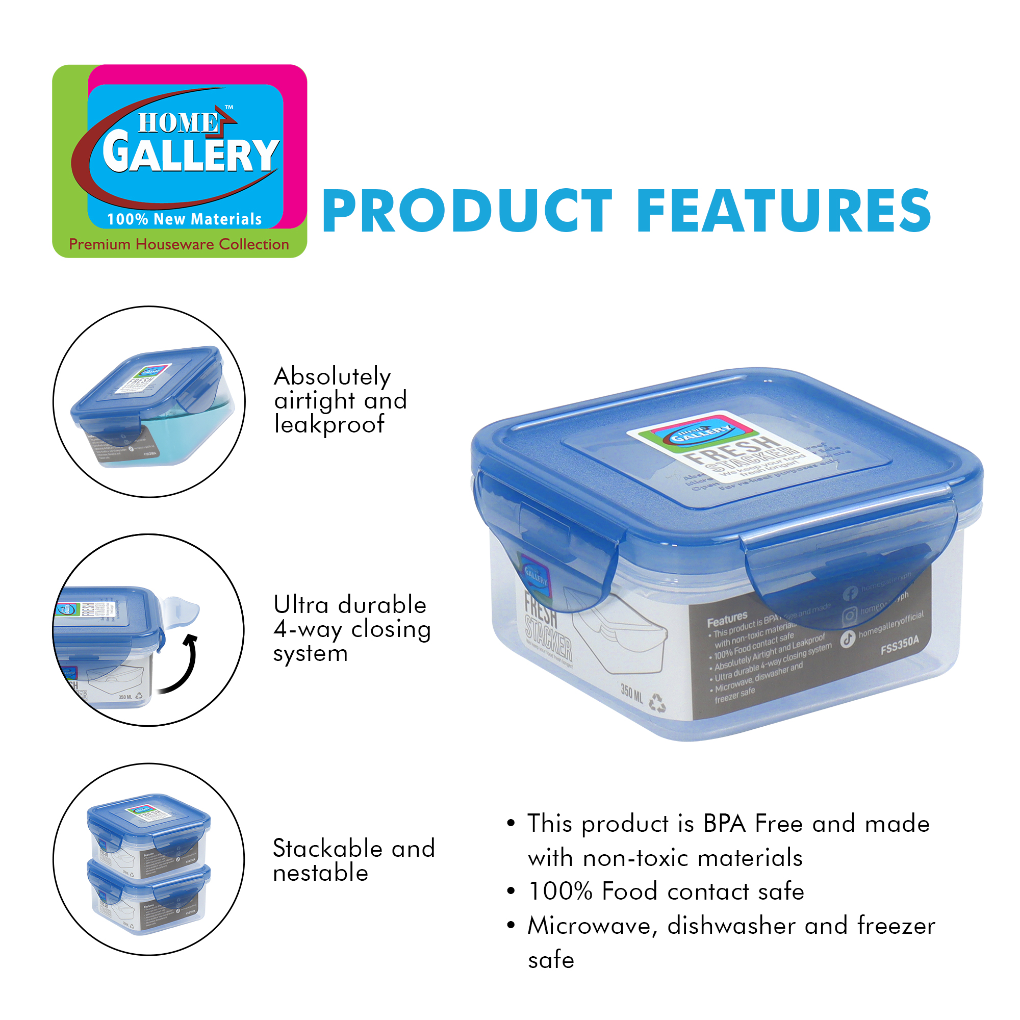 Home Gallery Fresh Stacker Square Food Keeper 350ml BPA Free Airtight ...