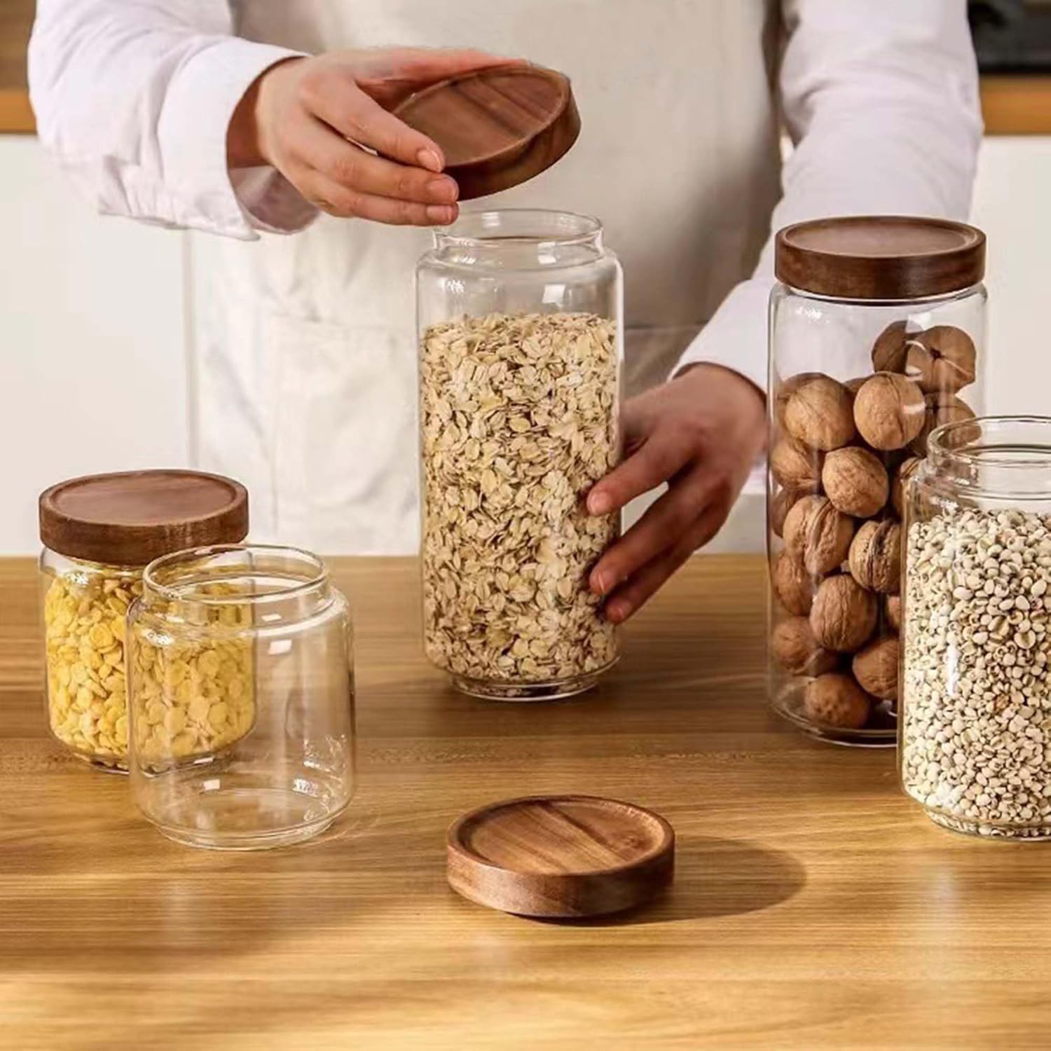 Acacia Wood Food Storage Jar Lid Screw Cap Airtight Sealed Glass Jar ...