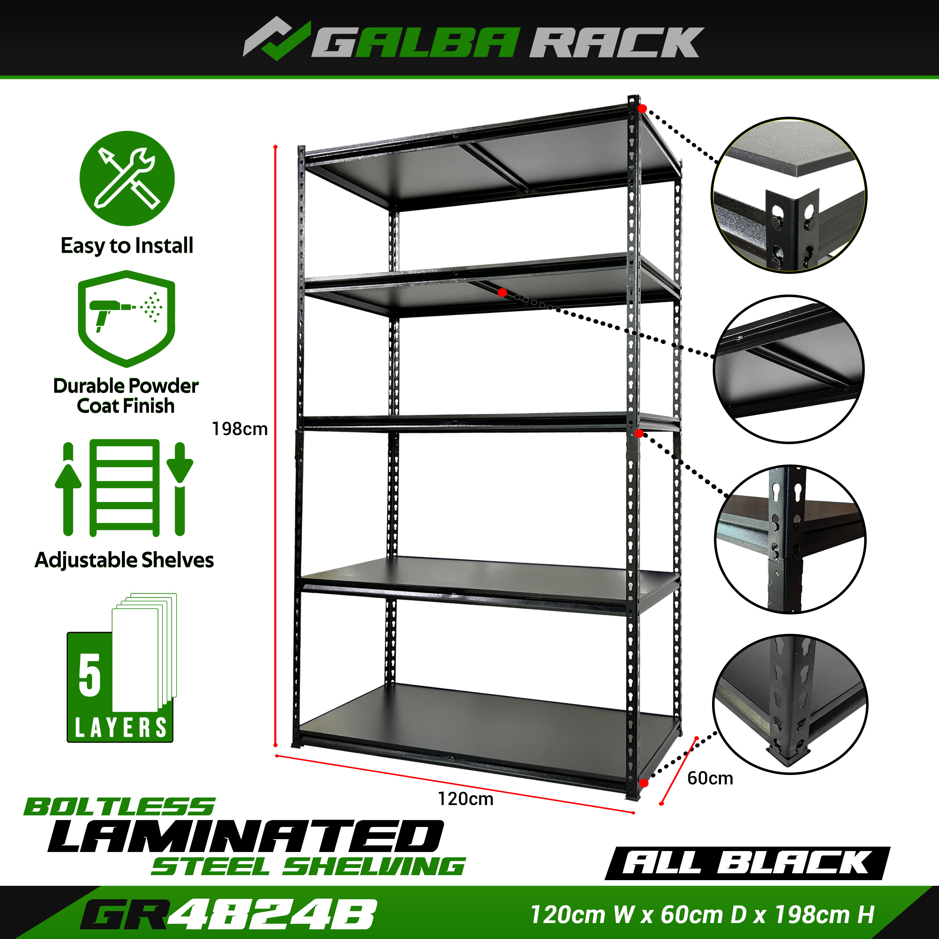 GALBA RACK Boltless Laminated Steel Shelving Adjustable Storage (5 ...