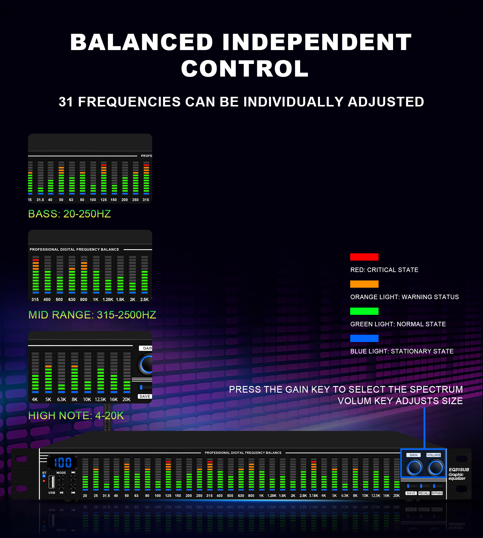 EQ31SUB Digital Equalizer 31 Stage Tuner Professional Stage Performance ...