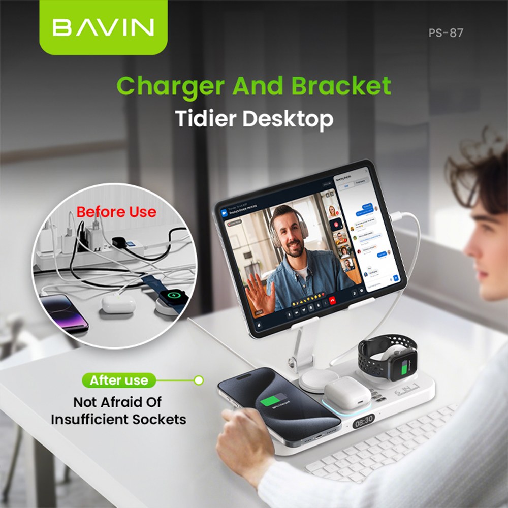 BAVIN PS87 6in1 Magnetic Wireless Charger Stand 15W w/ Clock, LED, for ...