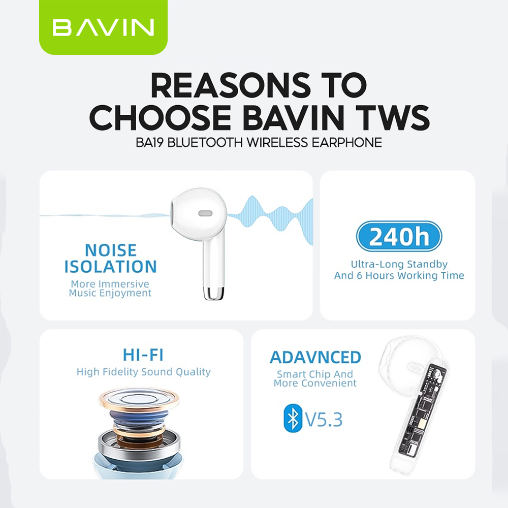 BAVIN BA19 TWS Bluetooth Earphone High Stereo Sound Wireless Earphones ...