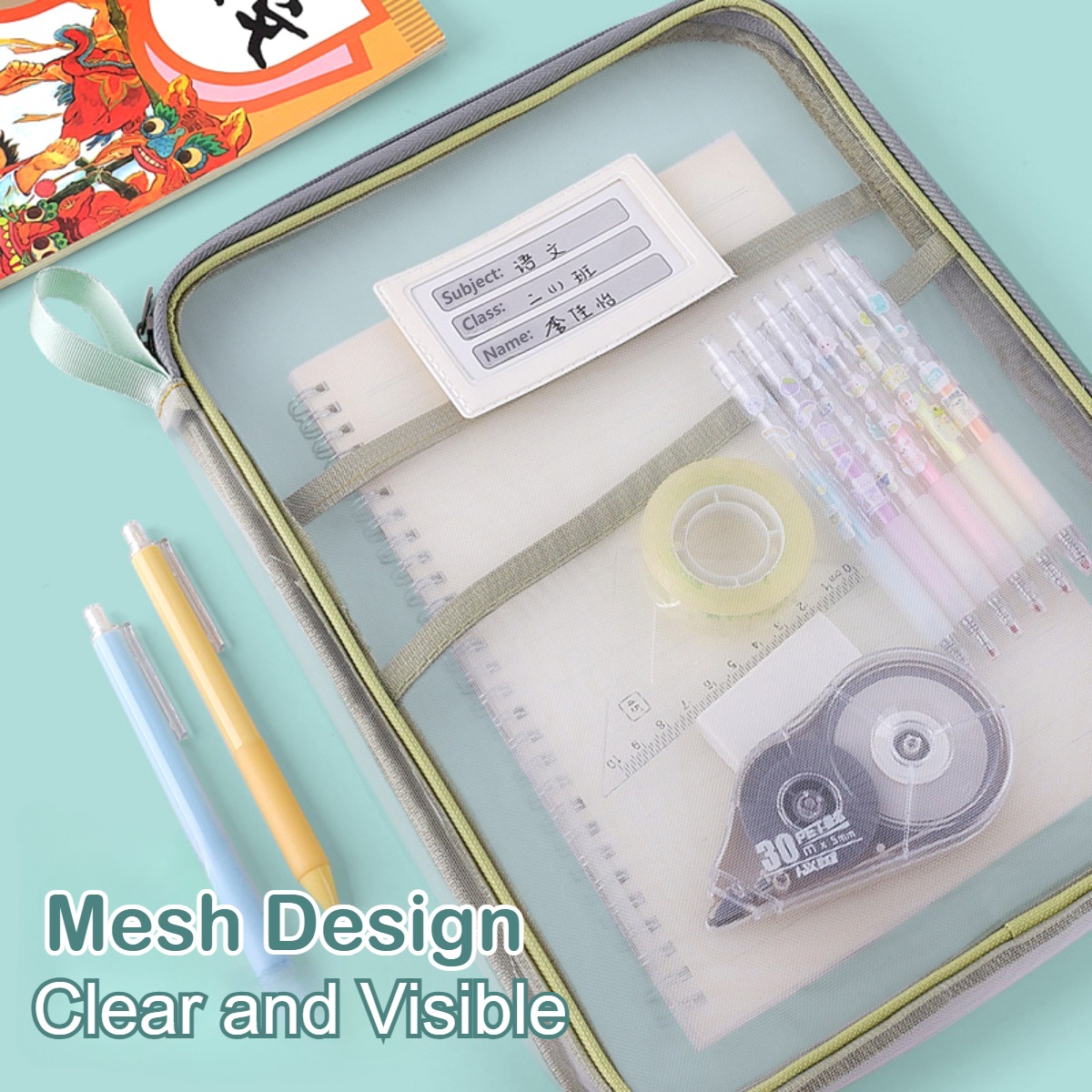 L-shaped Zipper File Bag Clear Mesh Book Storage Bag Subject Stationery ...