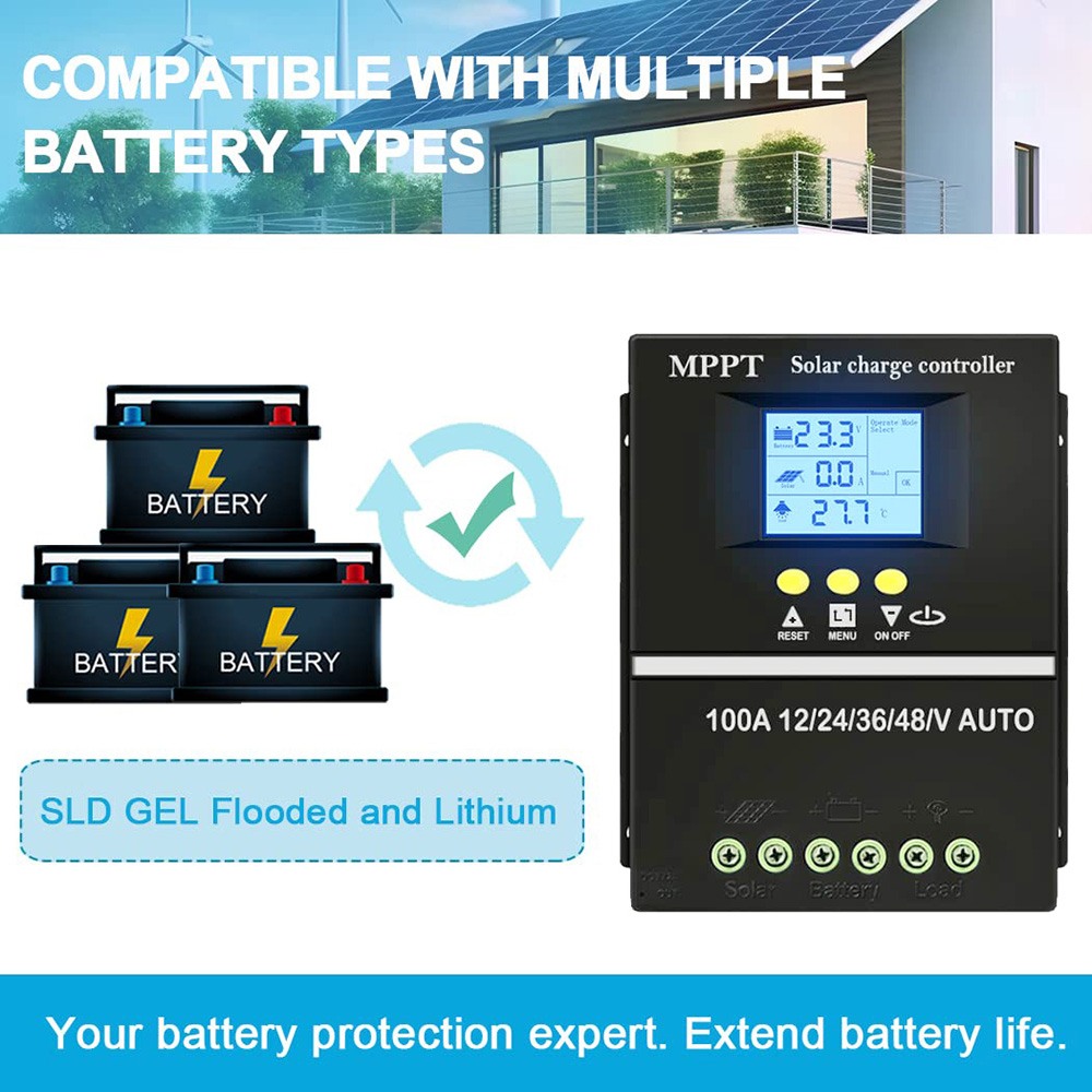 MPPT Solar Controller 30A/ 60A/80A/100A 12V 24V 36V 48V With LCD Screen AUTO Battery Charger ...
