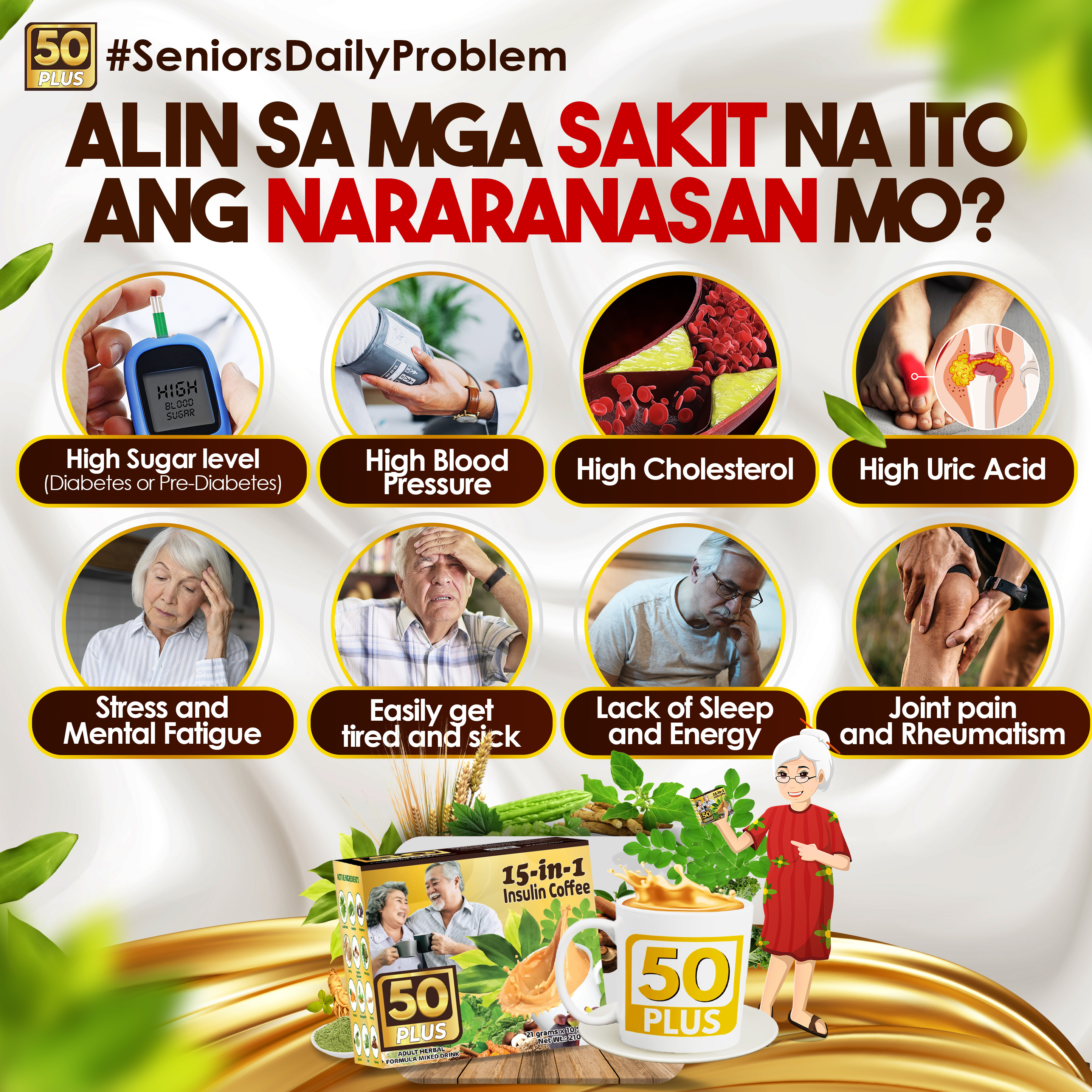 50 PLUS Decaf Herbal Coffee for Seniors | Blood Sugar, BP, Cholesterol, Sleep Support | 12 Herbs ...