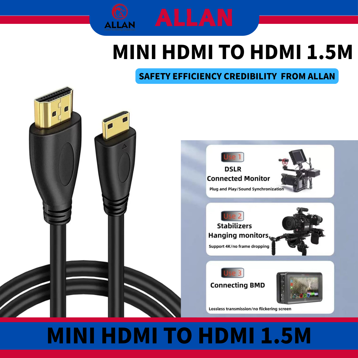 ALLAN Mini HDMI to HDMI 1.5M Cable 3D HDR for DSLR Camcorder Laptop ...