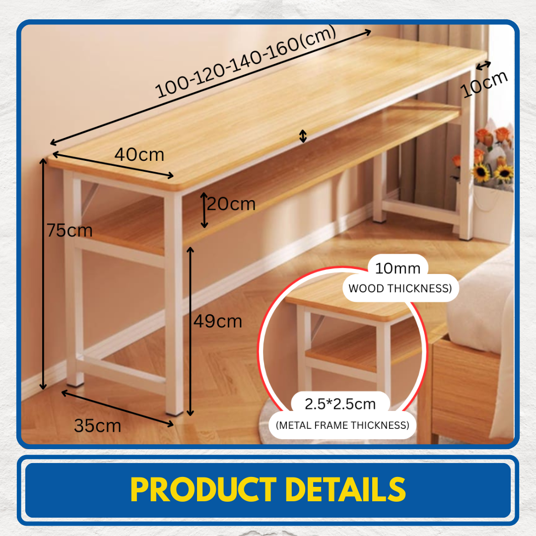 Aesthetic 2 Layer Long Table Computer Study Table Desk Office 80-160cm ...