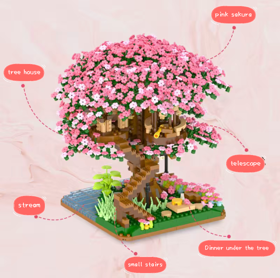 Pink Girl Sakura Tree House Compatible with Legos Small Particle ...