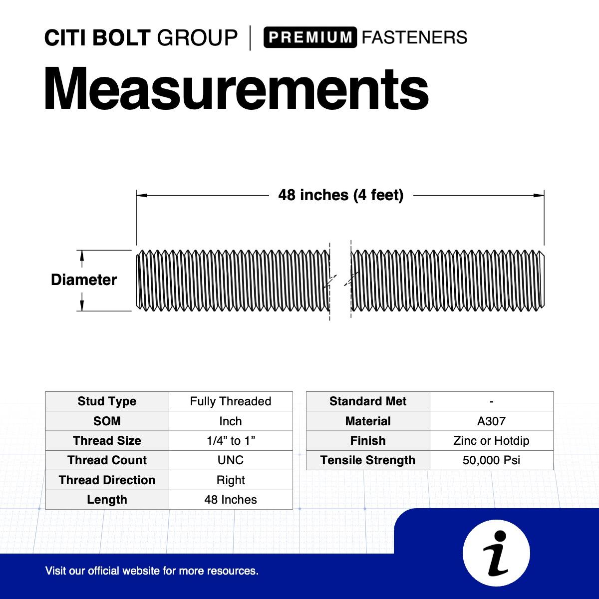 1pc GI & HDG Hot Dip Stud Bolt Fully Threaded Rod w/ Nut & FW 48 Inches ...