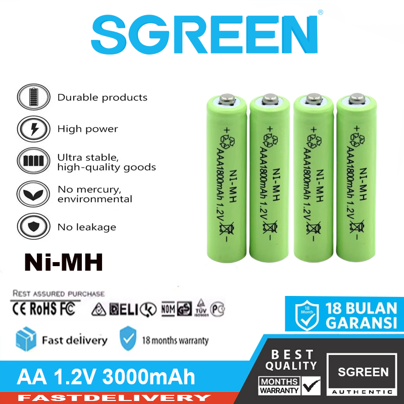 SGREEN Rechargeable Battery AA 1.2V 3000mAh Ni-MH Rechargeable ...