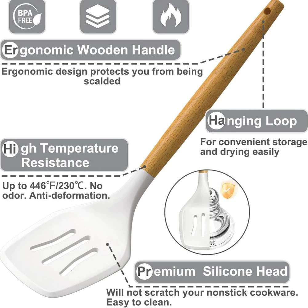 Wooden Handle Slotted White Color Non-Stick Food Grade Silicone Kitchen ...