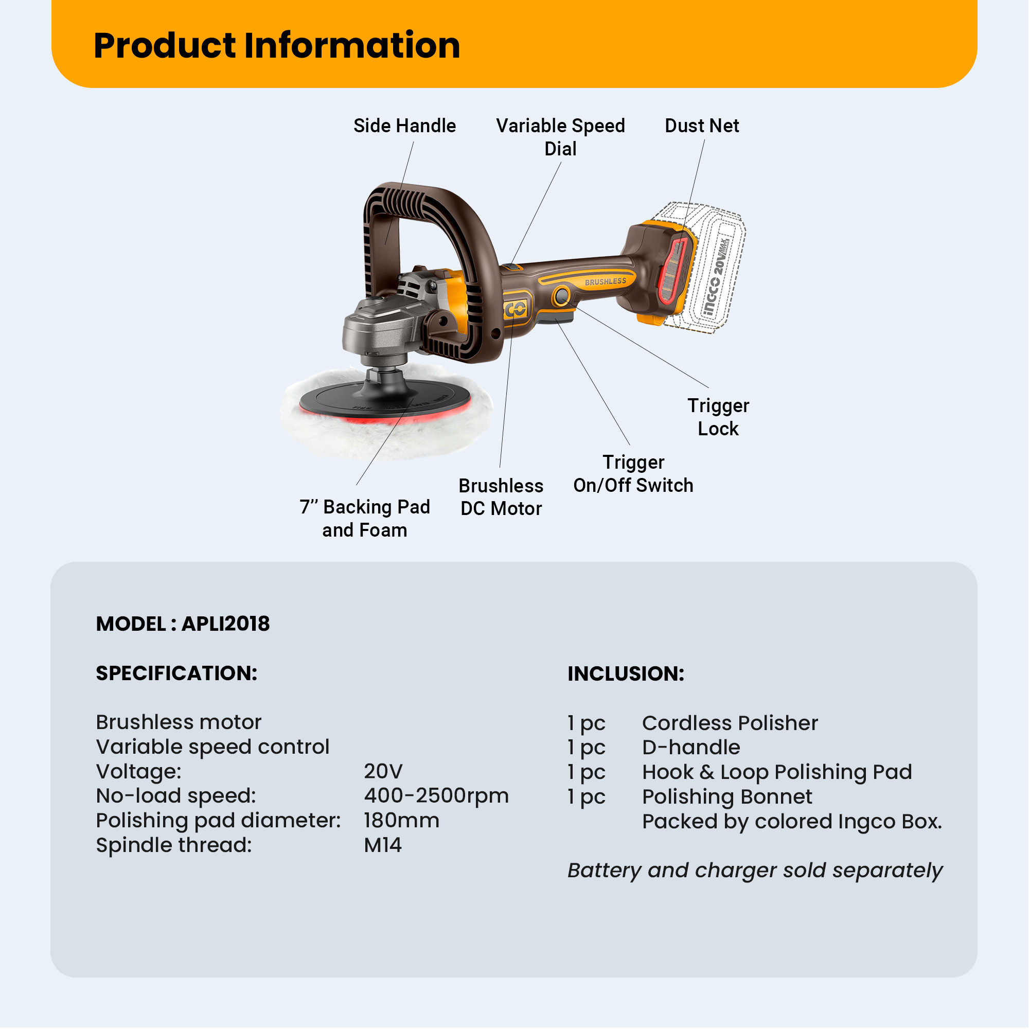 Ingco 7" Cordless Brushless Car Buffer Polisher Dual Orbital Waxer ...