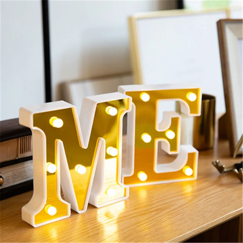 3D Golden Light Up Mirror Letters LED Lights Sign Glitter Alphabet ...
