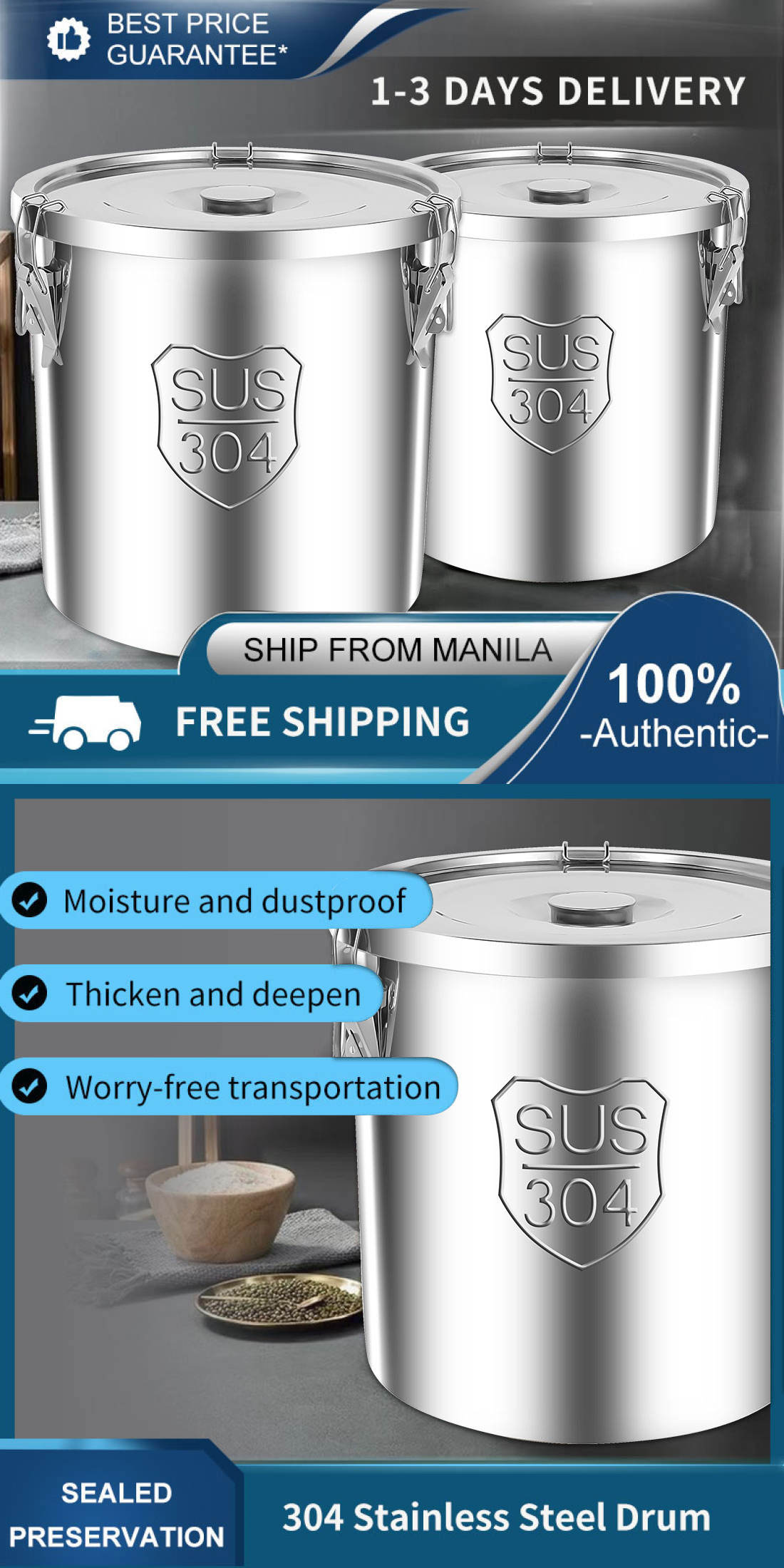 Stainless Steel 304 Closed Rice Storage Container - Anti-Insect ...
