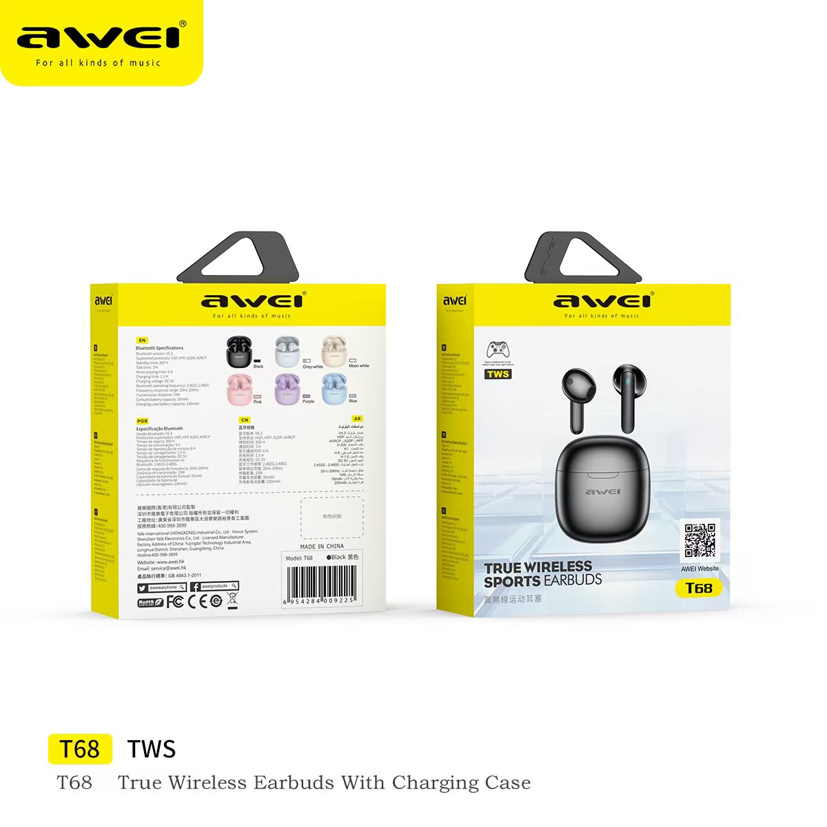 Awei T68 TWS Noise Reduction Gaming Earbuds Bluetooth V5.3 w/Charging ...