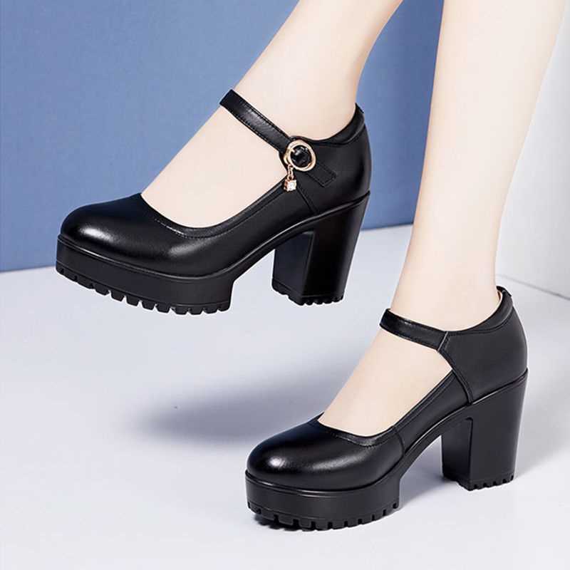 (with box) Women's Black Mary Jane High heels 3 inches pointed school ...