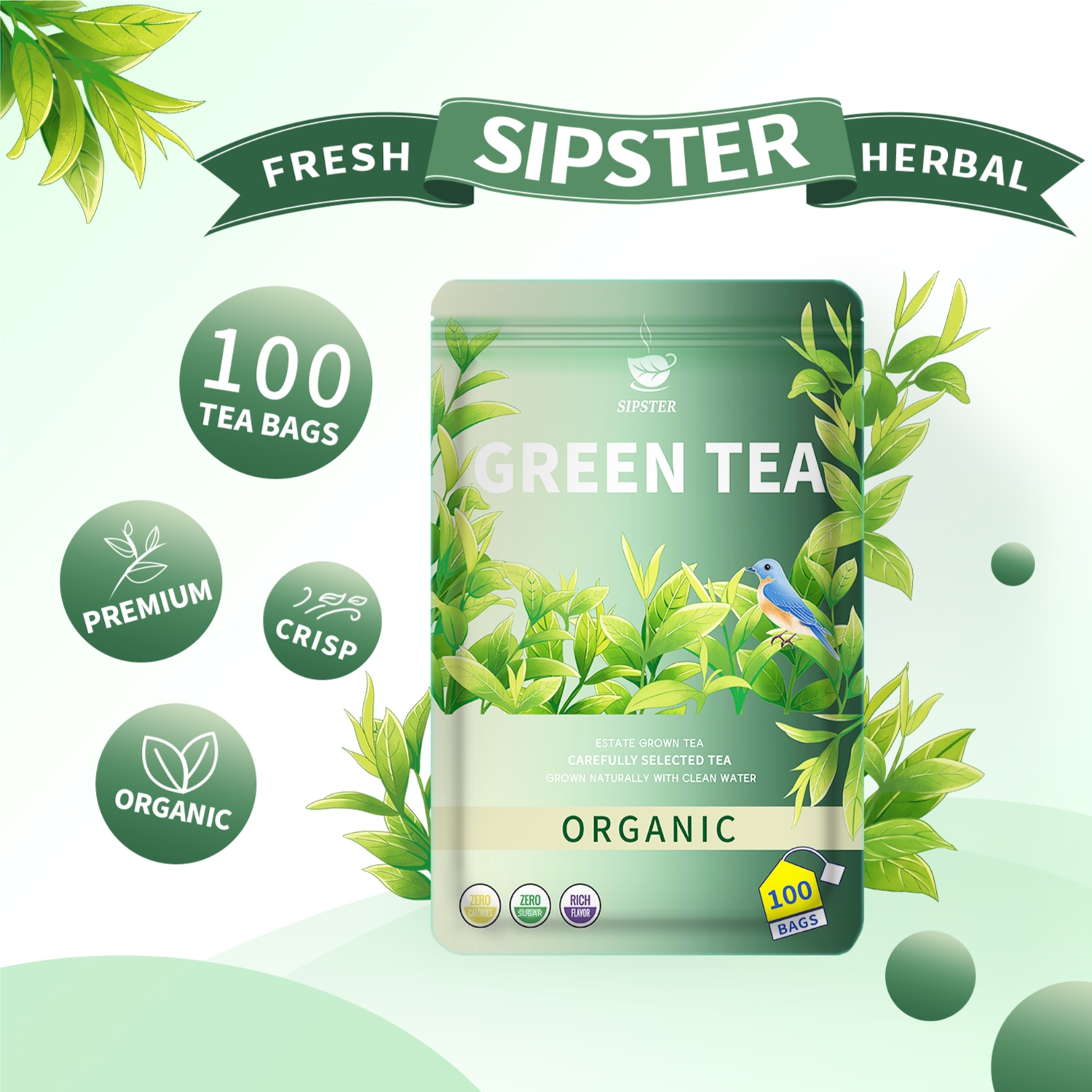 Sipster Organic Green Tea | 100 Tea Bags | Yama Single-Origin | Premium ...