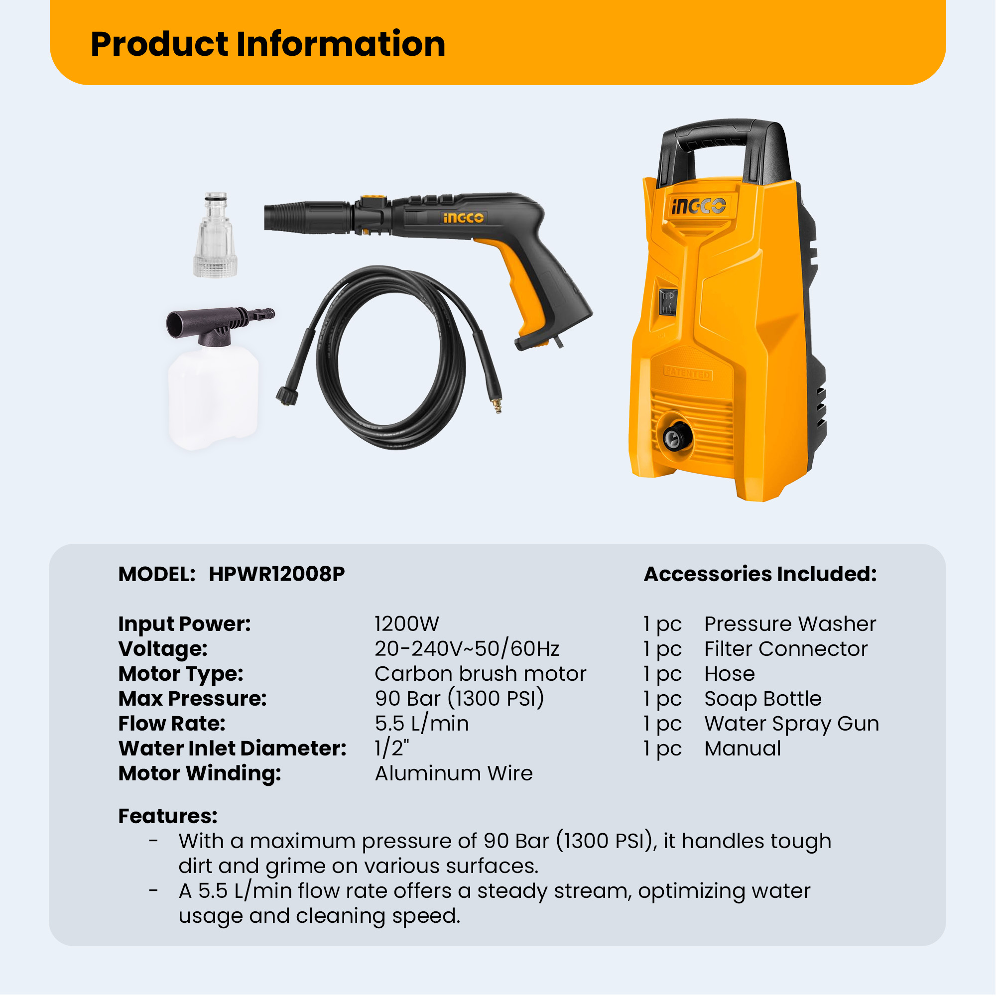 Ingco 1200W Electric High Pressure Washer for Motor or Car Wash Cleaning HPWR12008P IPT | Shopee ...