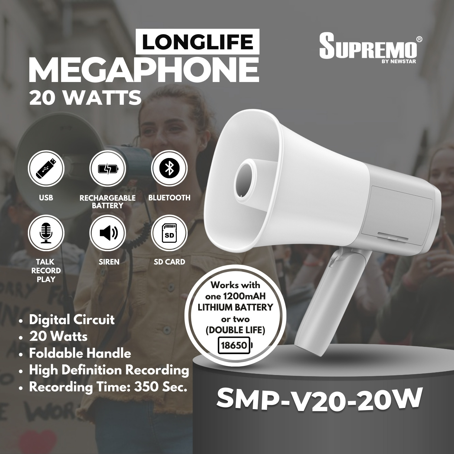 Supremo Powerful Handheld Megaphone with Longlife Battery SMP-V20-20W ...