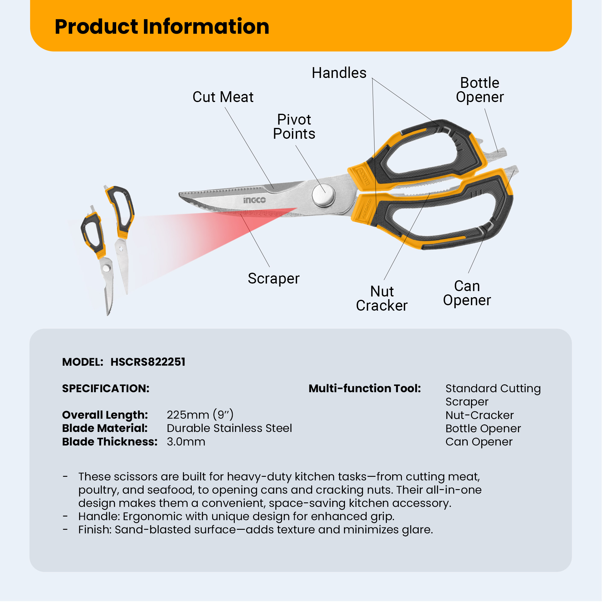 Ingco 9" Kitchen Multi-Function Scissors 225mm HSCRS822251 IHT | Shopee ...