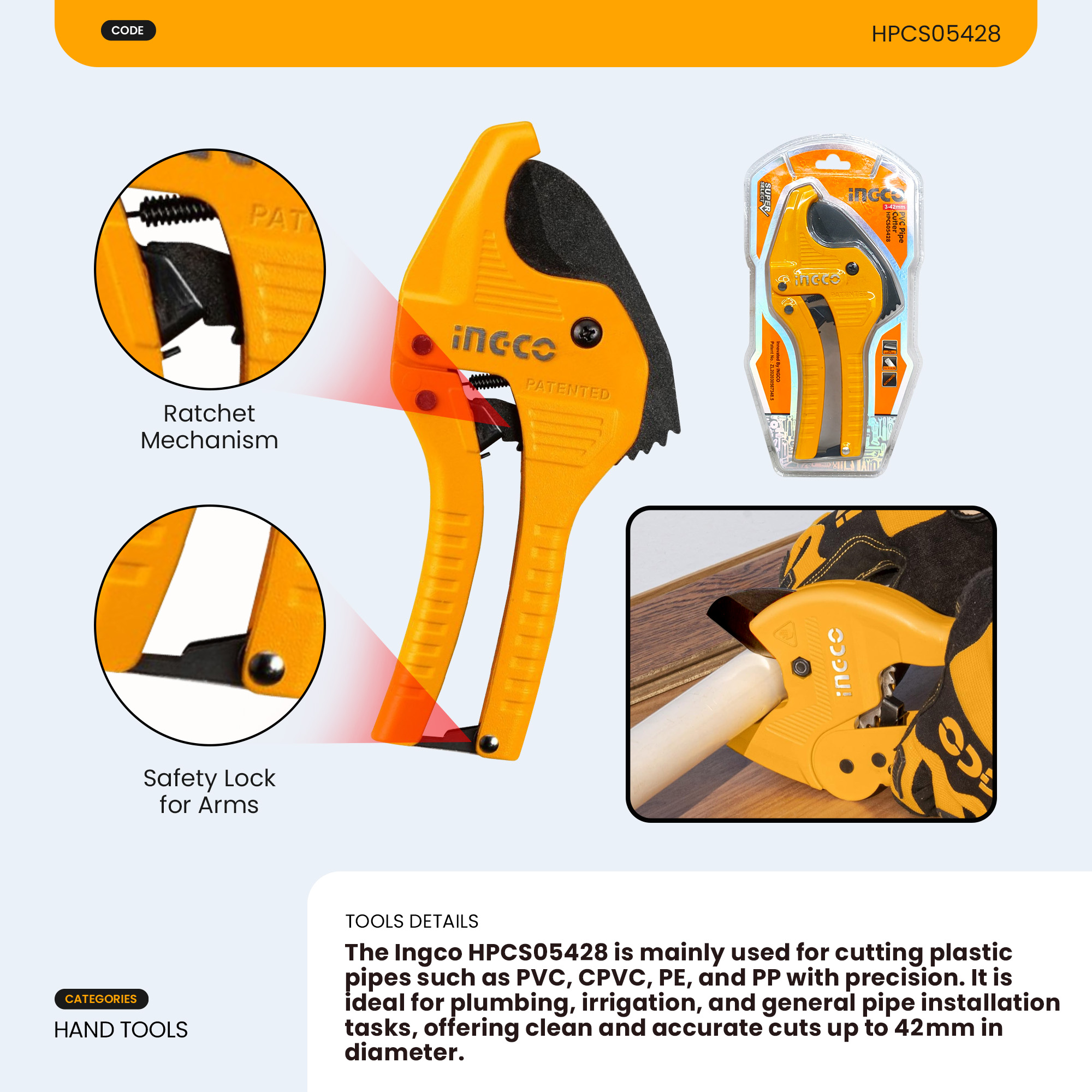 Ingco HPCS05428 PPR PVC Pipe Cutter 3-42mm with Automatic Opening Mode ...