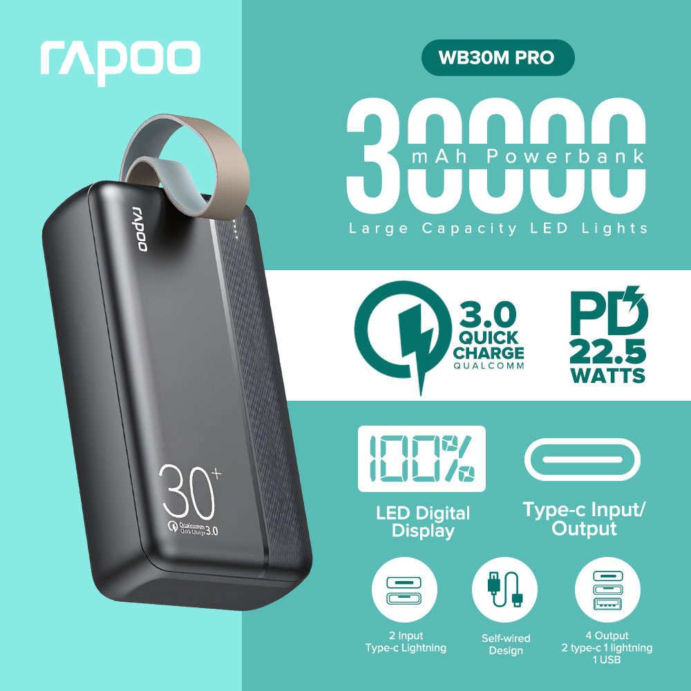 Rapoo WB30m Pro 22.5W 30000mAh Powerbank Fast Charging Type C Portable Power Bank Original ...