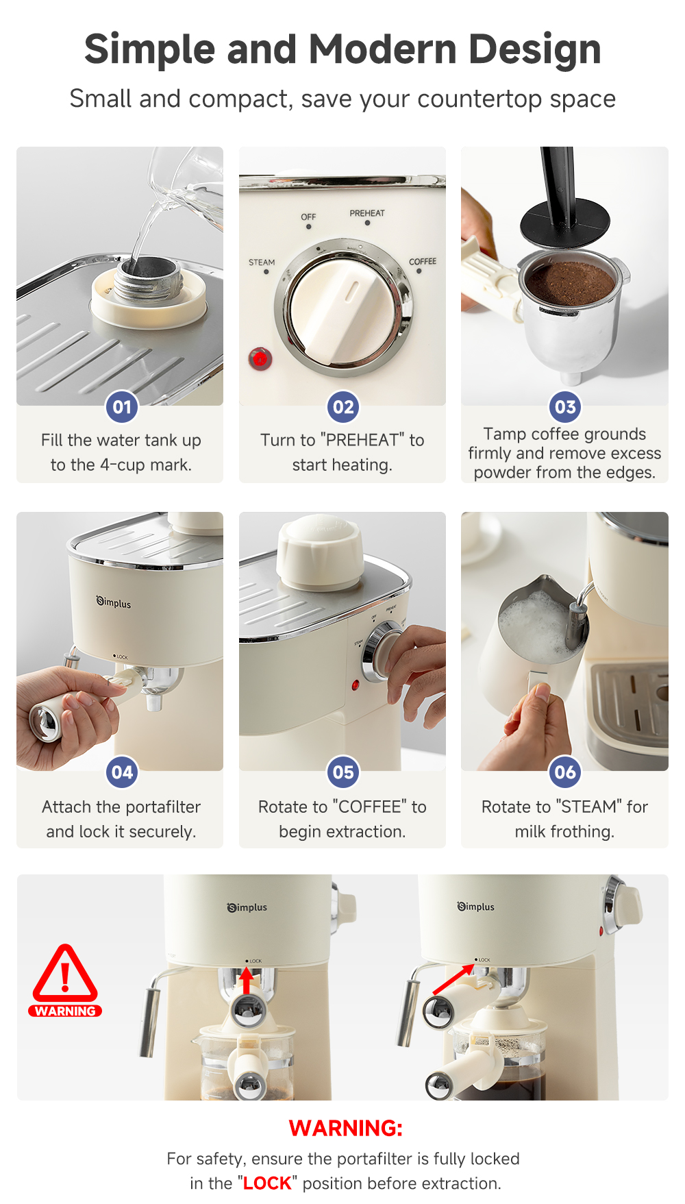 Simplus Coffee Machine Semi-Automatic Espresso Maker Steam Frothing ...