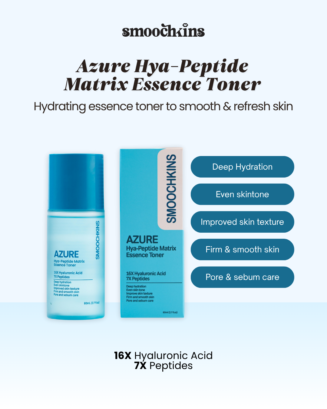 Smoochkins Azure Hya-Peptide Essence Toner 80ml - Hydrating Toner with 16X Hyaluronic Acid ...