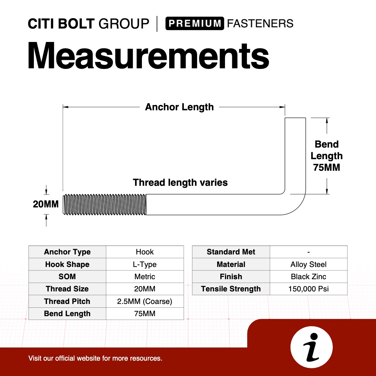 1pc M20 (20MM) High Tensile Anchor Bolt 4140 w/ Nut & FW for Concrete ...