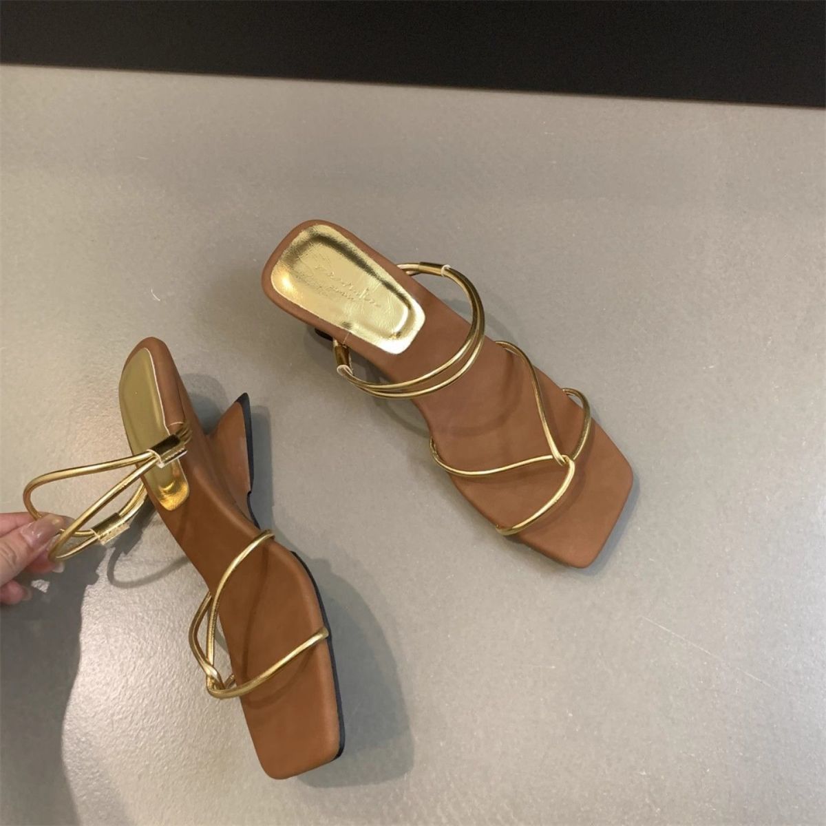 summer new style cross-slim strap square-toe open-toe mid-heel slippers ...