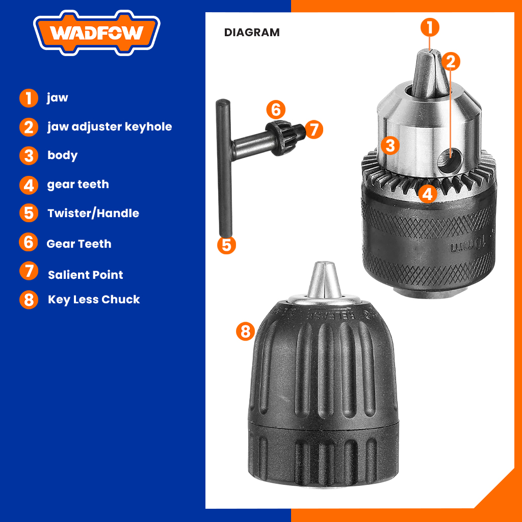Wadfow 3-16mm/1.5-13mm/10mm(3/8in) Key Chuck & Keyless Chuck Connection ...