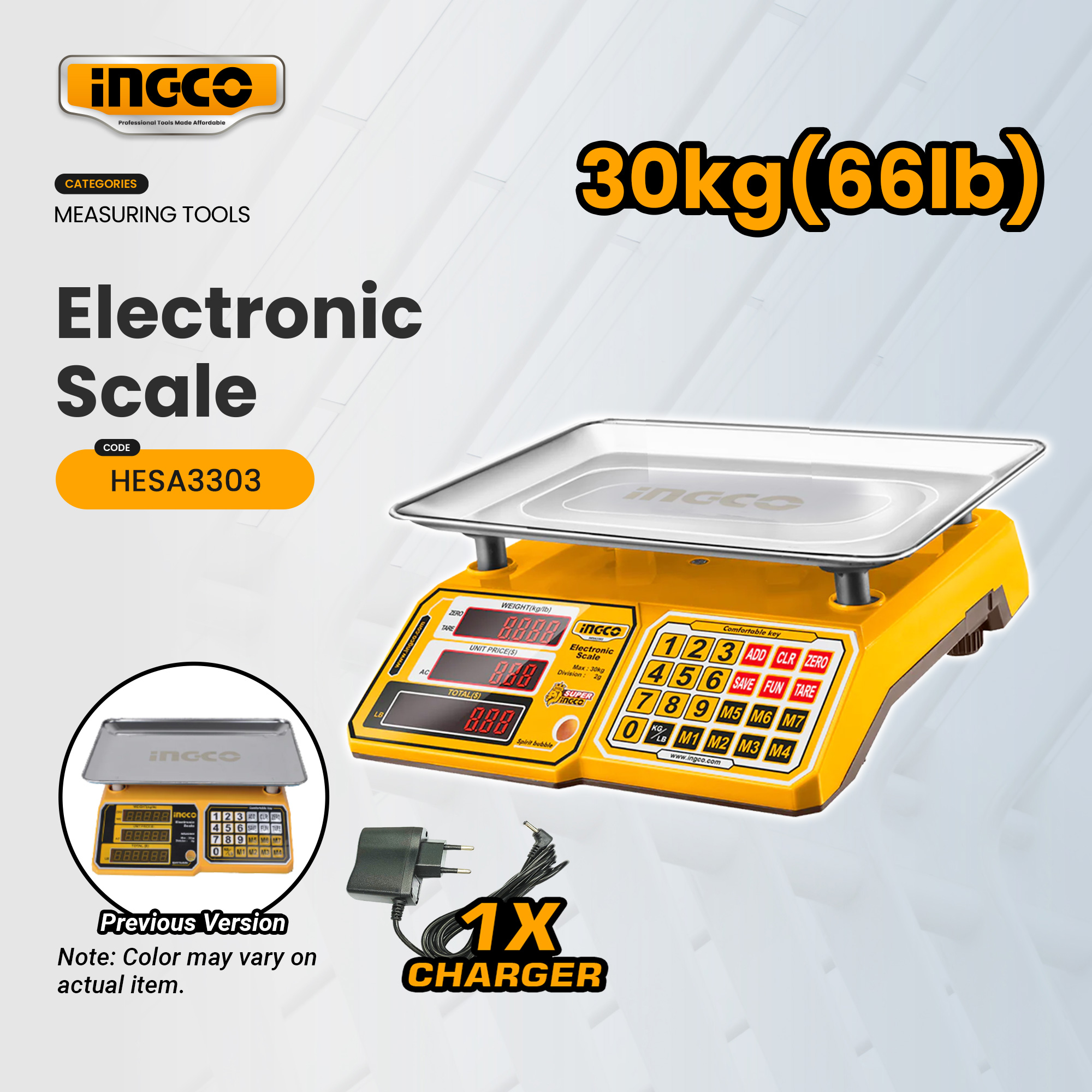 Ingco 30kg Electronic Scale 330x240mm with 2g Graduation, LED Screen ...