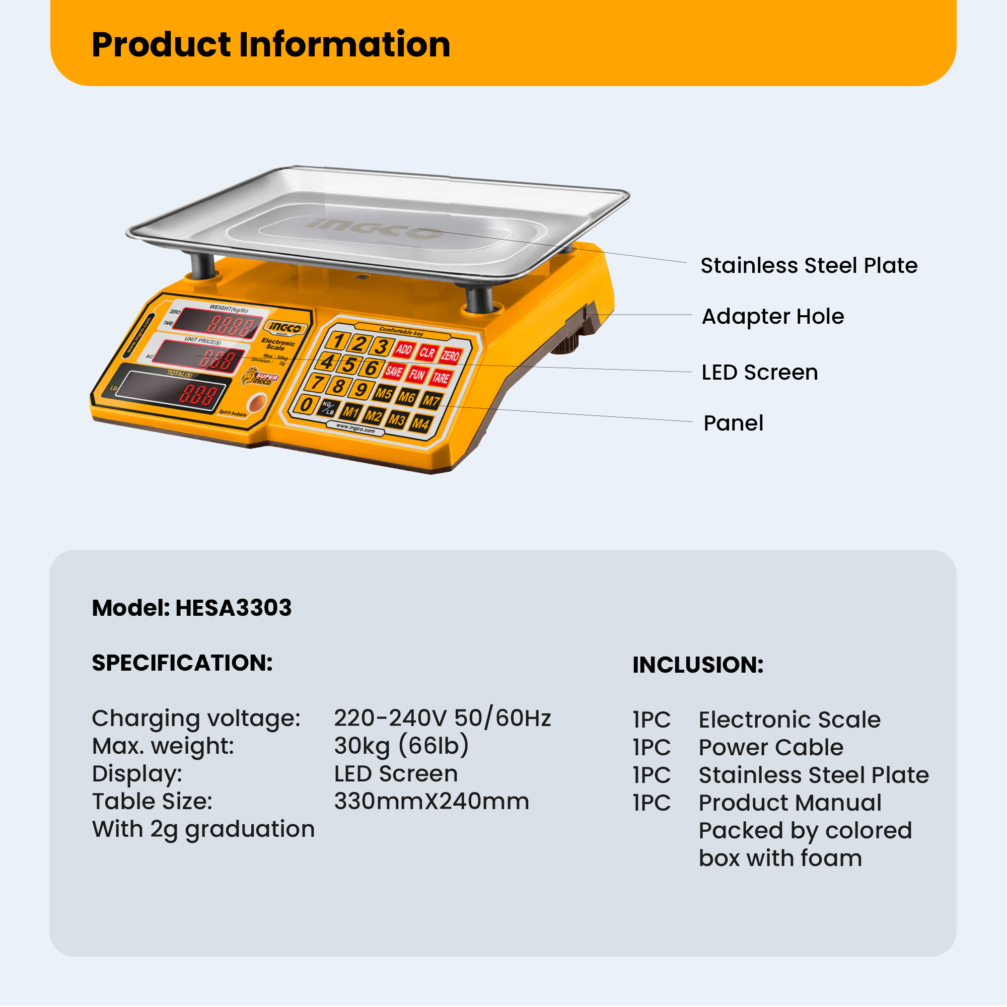 Ingco 30kg Electronic Scale 330x240mm with 2g Graduation, LED Screen ...