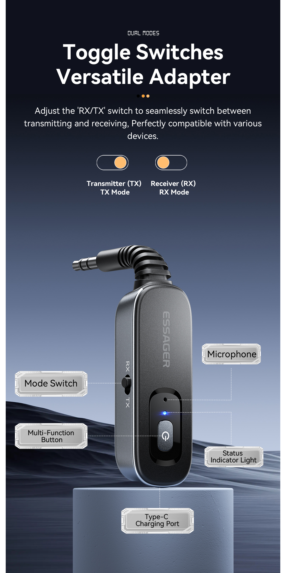ESSAGER Bluetooth Receiver And Transmitter Type-C, 3.5mm Two-In-One ...