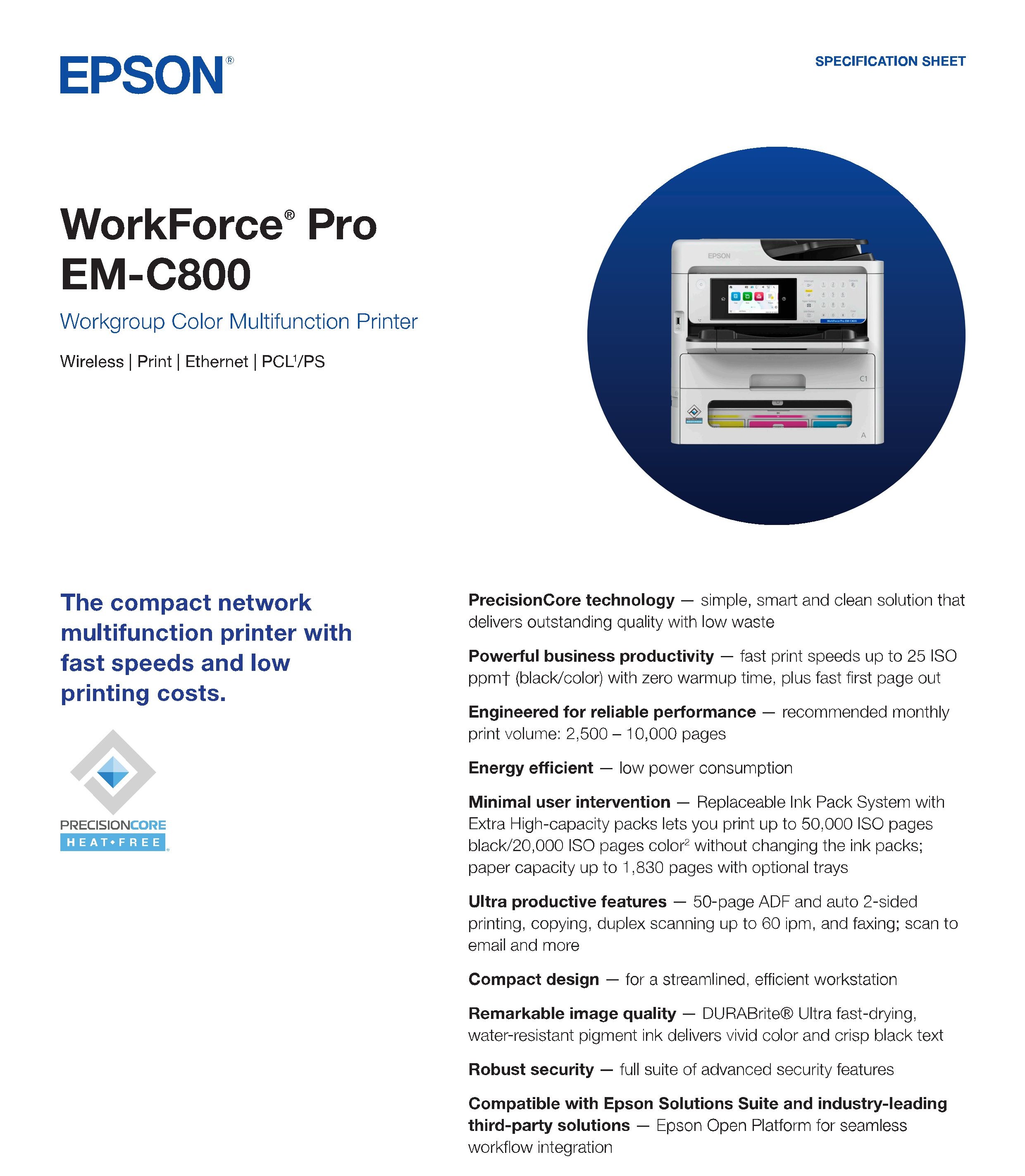 Epson WorkForce Pro EM-C800 Workgroup Color Multifunction Printer ...