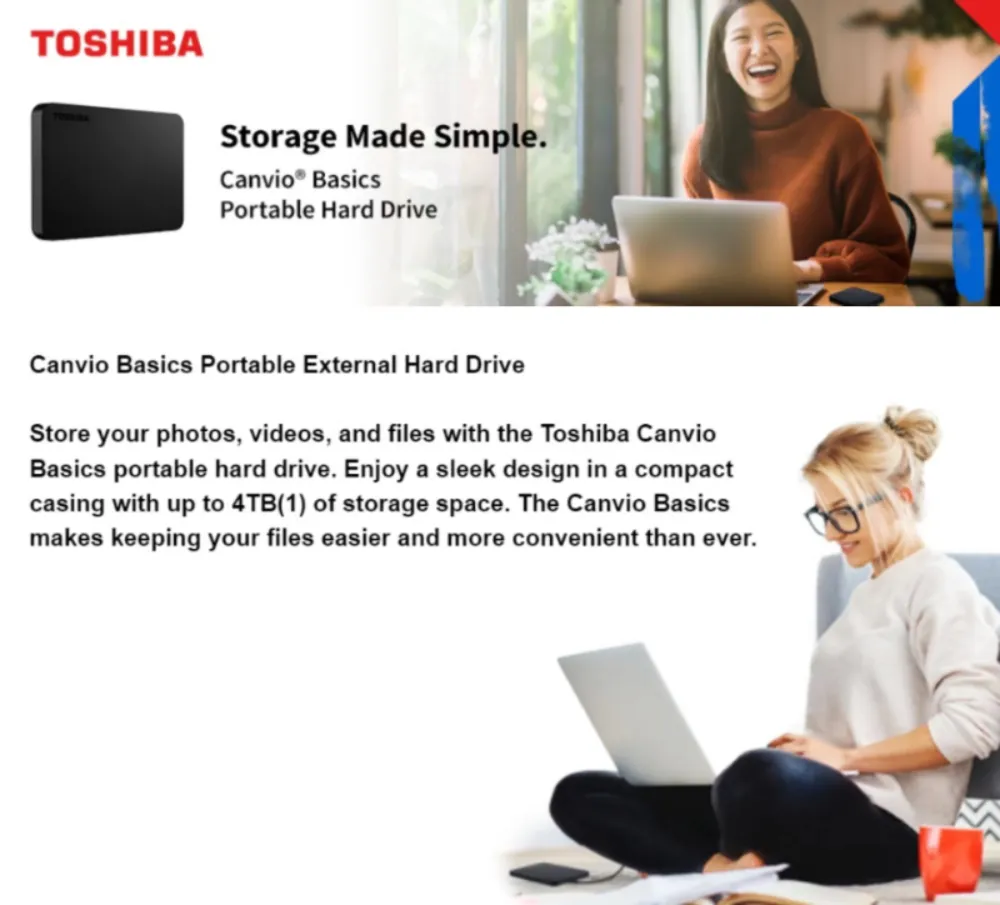 Toshiba Canvio Basics (new) 1TB/2TB USB 3.0 Portable External Hard Drive (Black) Super Speed ...