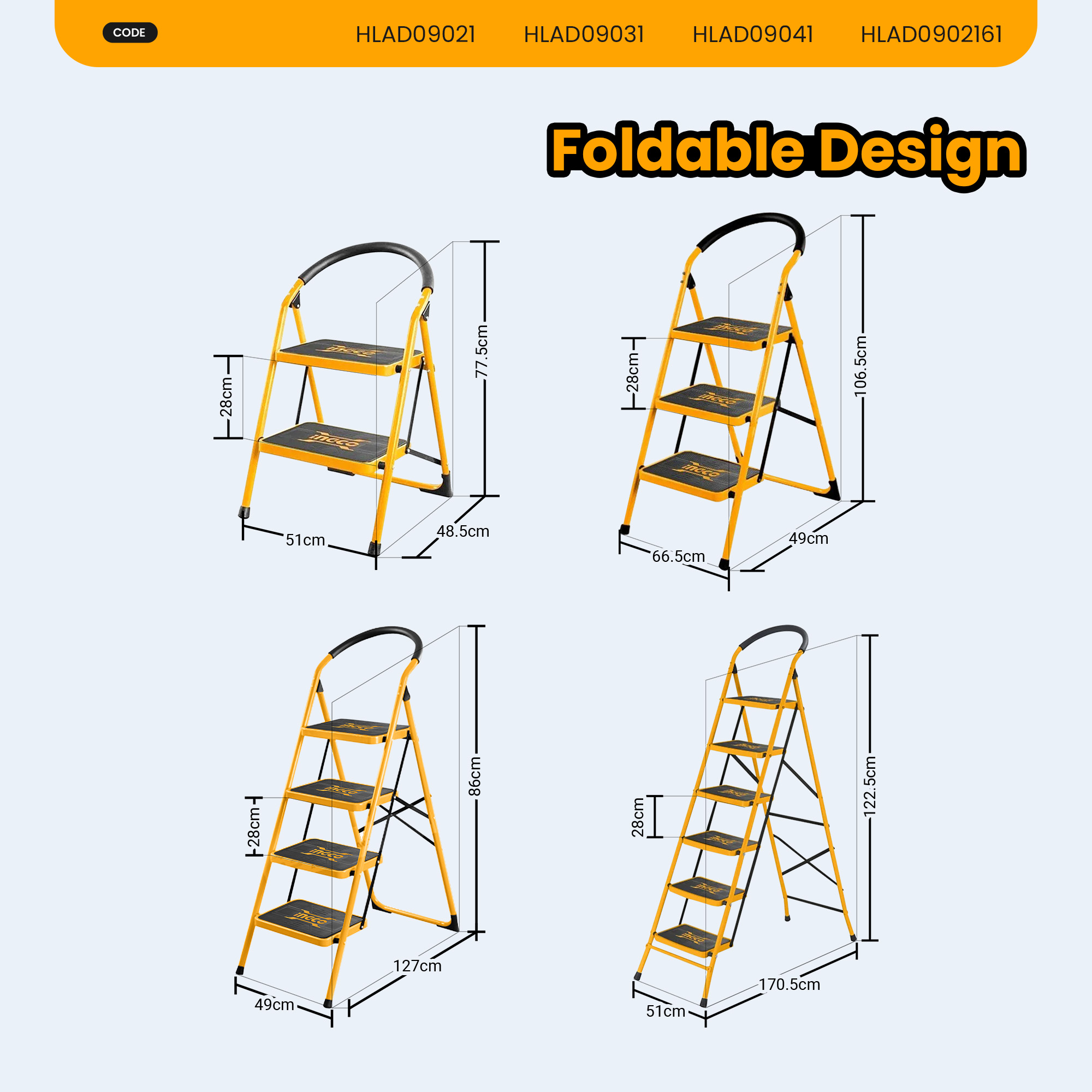Ingco Multi-Step Steel Ladder 2/3/4/6 Steps 150kg Capacity, Anti-Slip ...