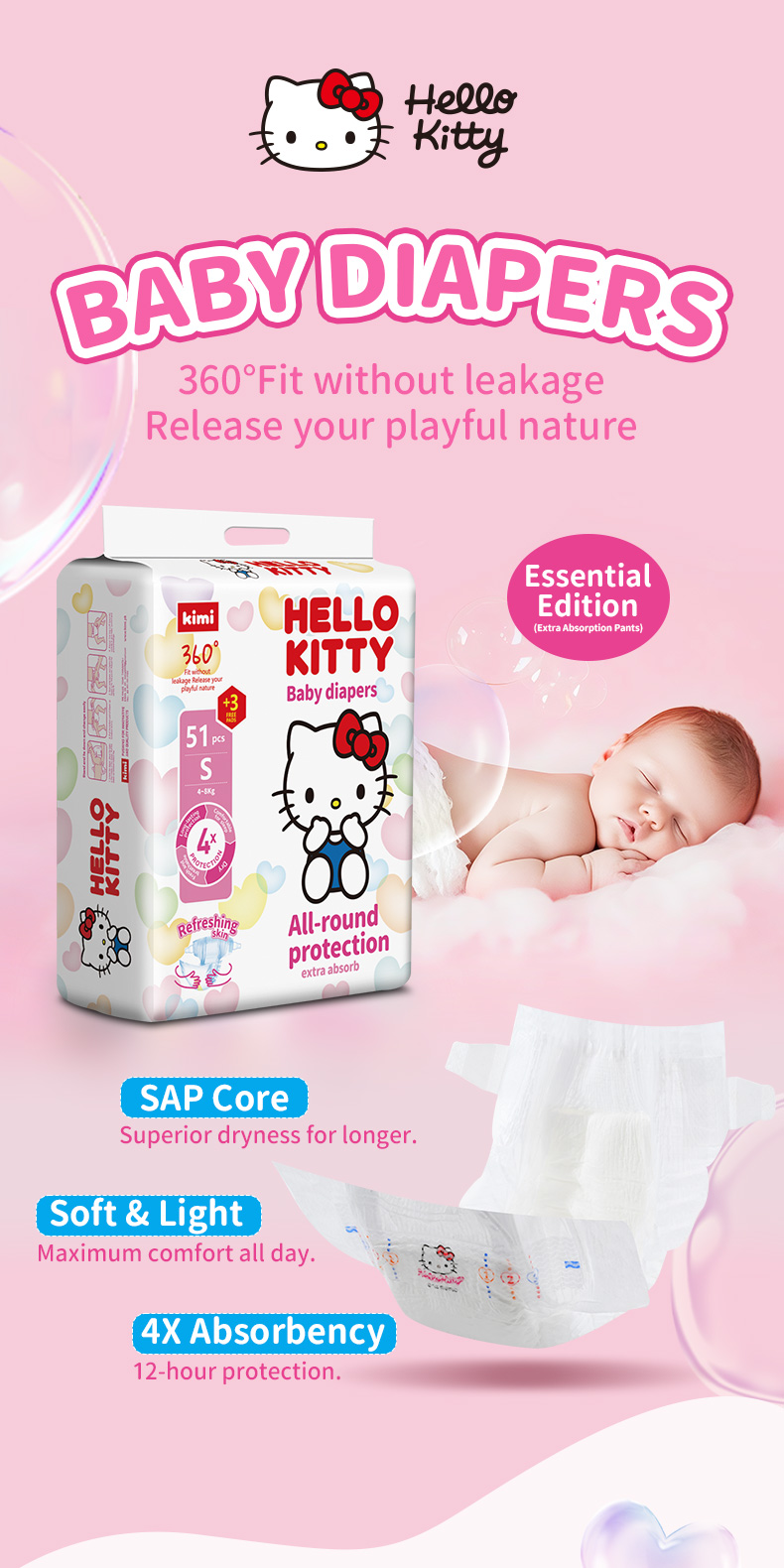 Hello Kitty Baby Dry-Tape Diapers PLUS 4X absorbency, ultra-thin, quick ...