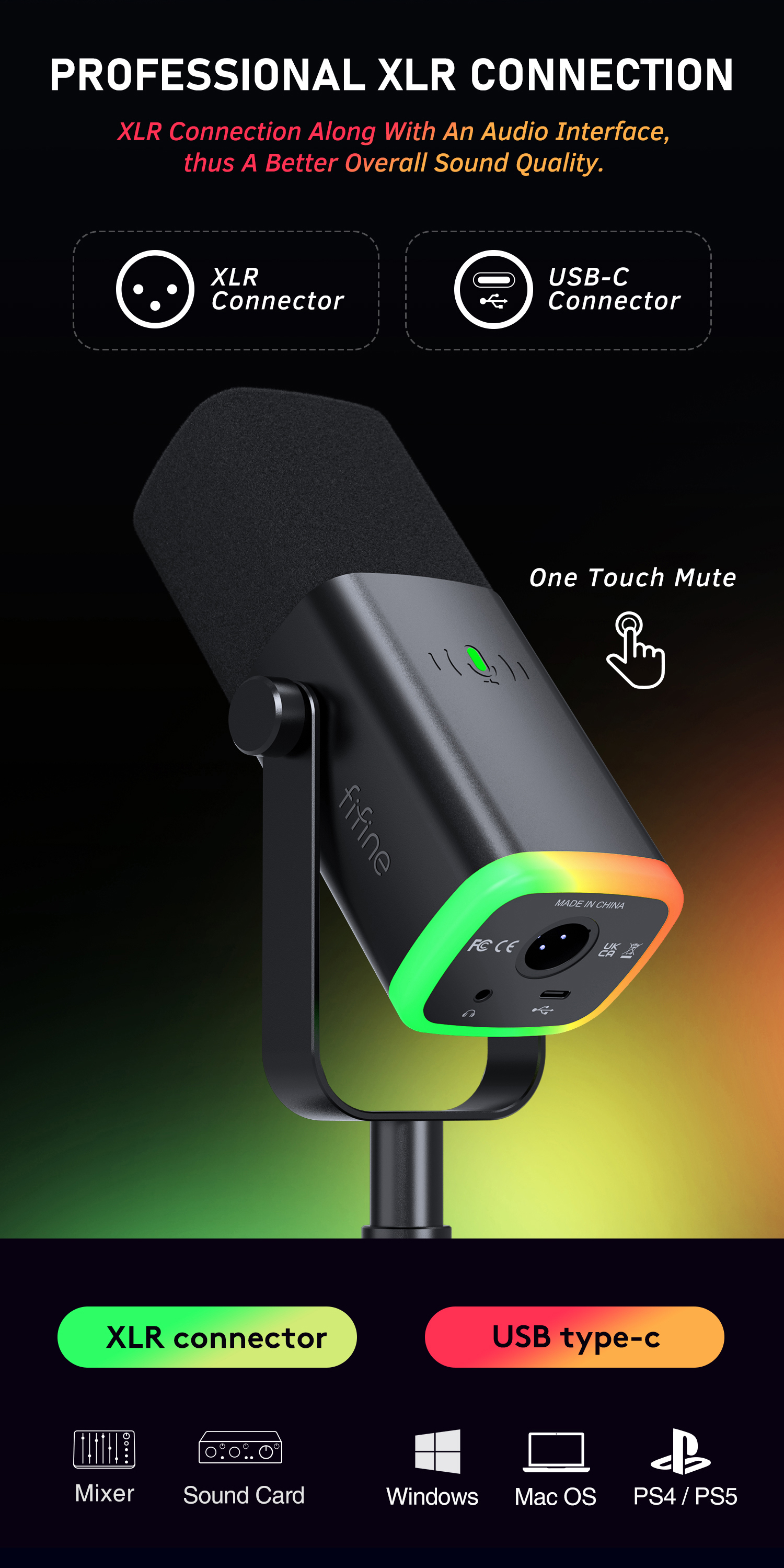 FIFINE AM8 AmpliGame XLR/USB Dynamic Microphone Podcast Microphone ...