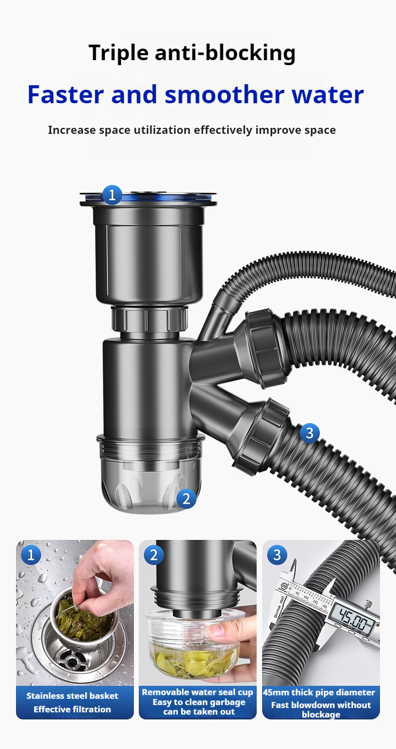 sus304 Sink Drainer P Trap Set Pipe Accessory Double Sink Drain Pipe ...