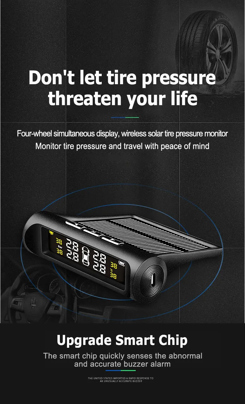 TPMS Car Tire Pressure Alarm Monitor System Solar Car Pressure Alarm ...