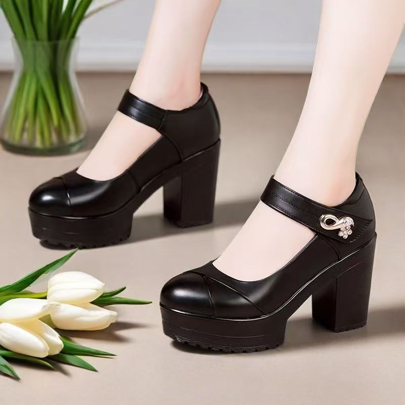 Size 35-41 Womens Fashion School Student Black Leather Shoes Thick Heel ...