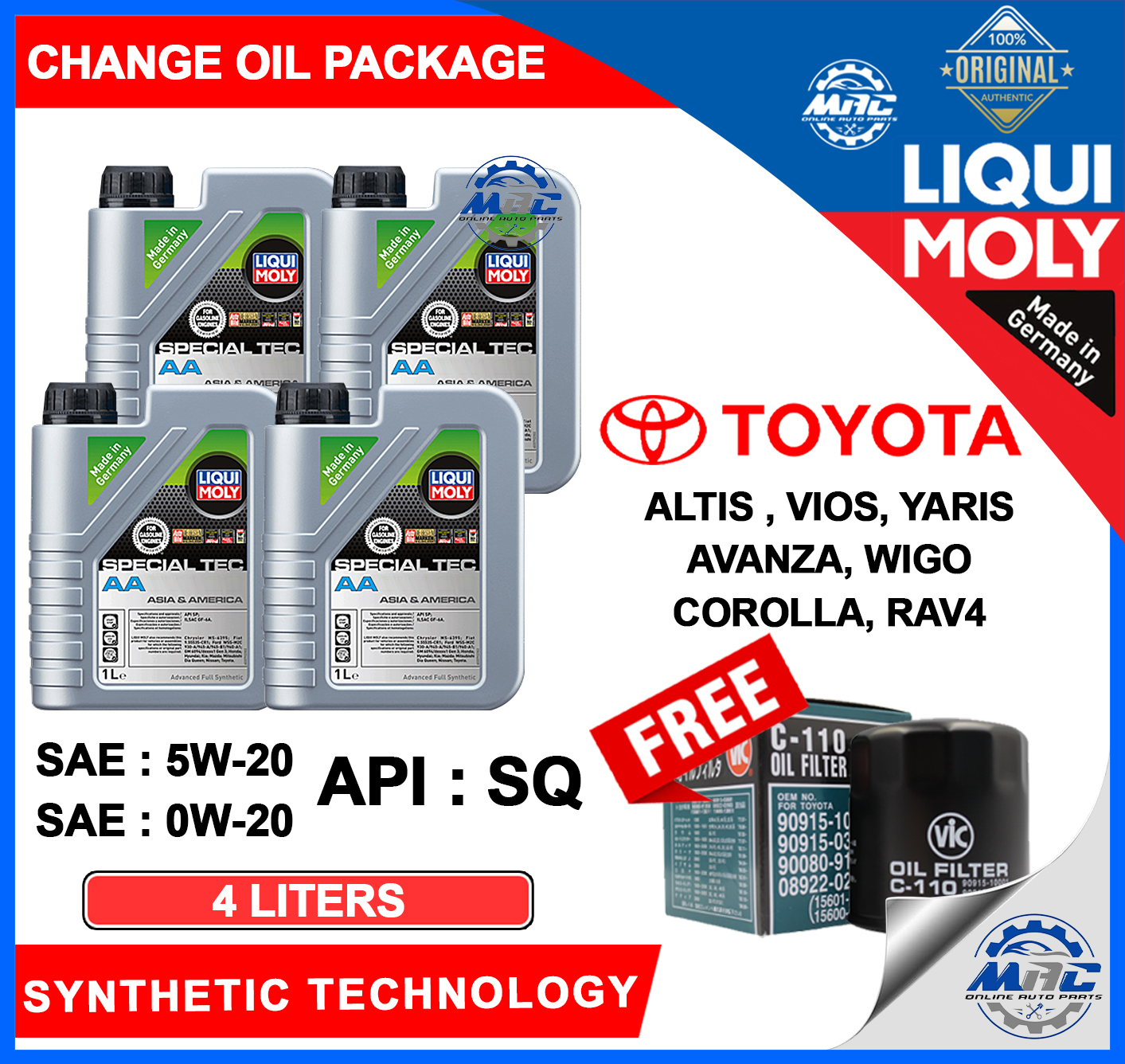 Liqui Moly Special Tec AA 0w20 5w20 4 Liters for TOYOTA VIOS YARIS WIGO ...