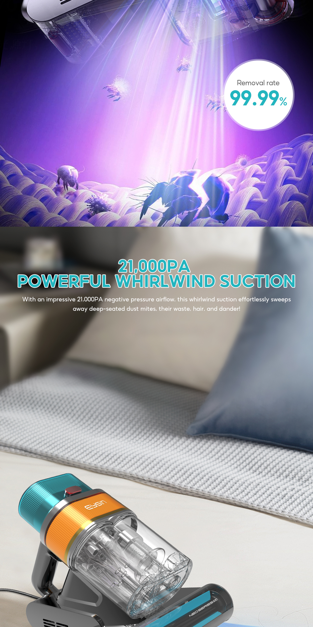 EYSIN S30 Dust Mite Vacuum Cleaner for Home Dual Cup Strong Suction with UV Household | Shopee ...