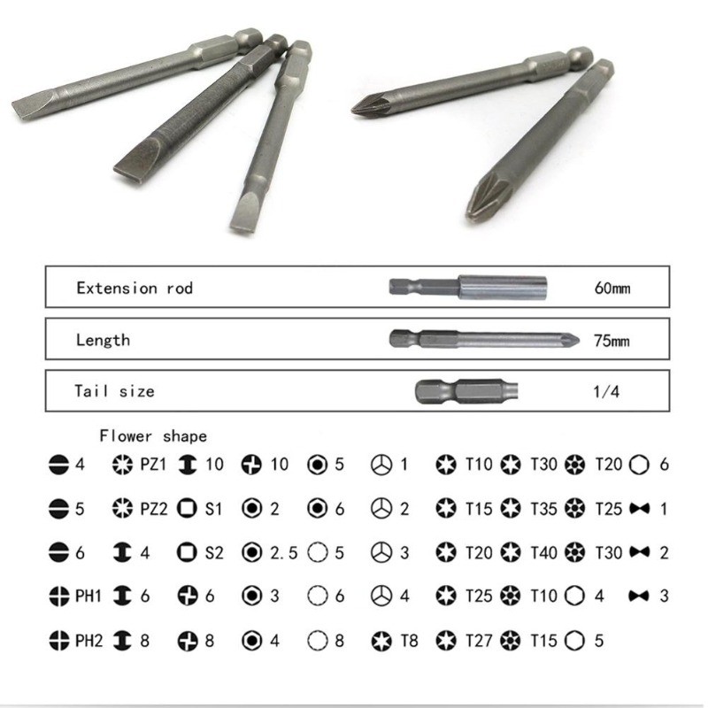 50pcs 75mm Extra Long Reach Bit Set Security Screwdriver Bits Torx Star Hex Bit Set | Shopee ...