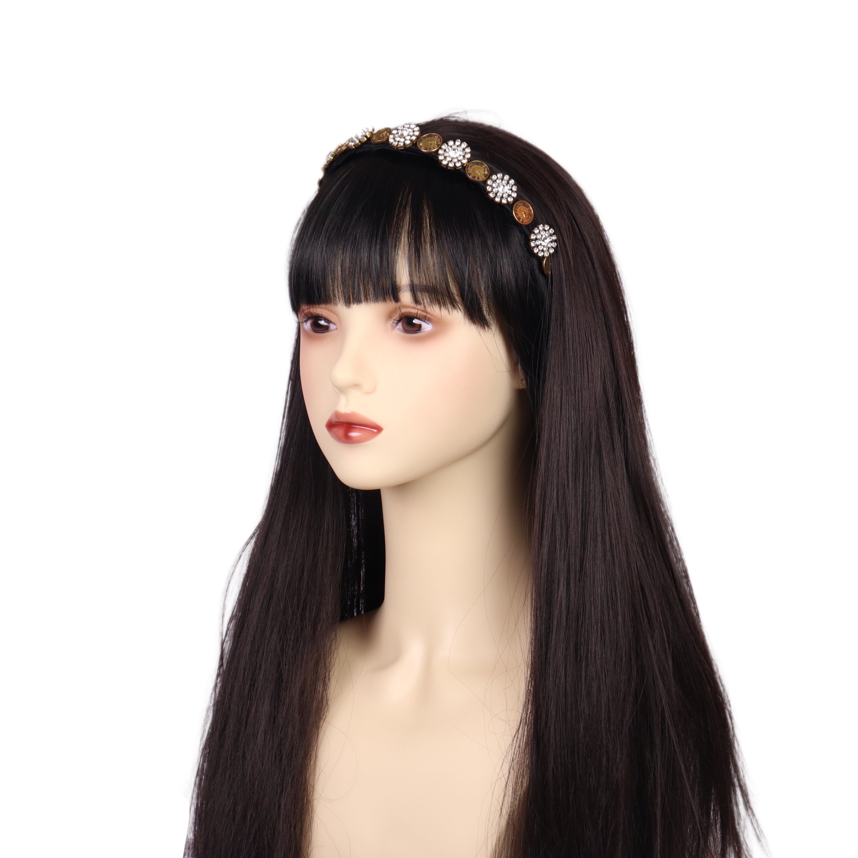 Wigs Rhineston Headband Long Straight Hair Wig Female U-Shaped Half ...