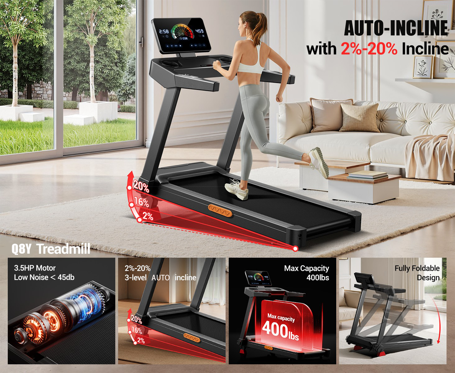 Electric Treadmill Foldable AUTO INCLINE Touchscreen Heart Rate sensor ...