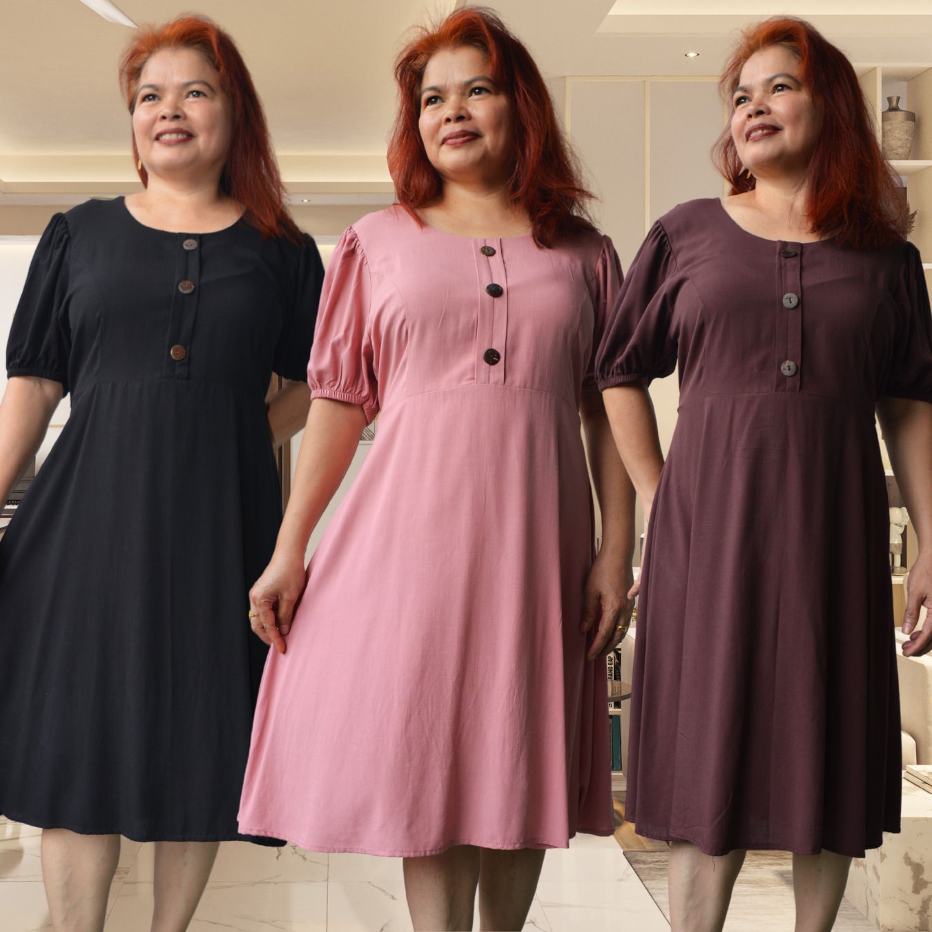 Hannah Elegant Plain Puff Sleeves with Buttons and Tie-Back Soft Linen ...